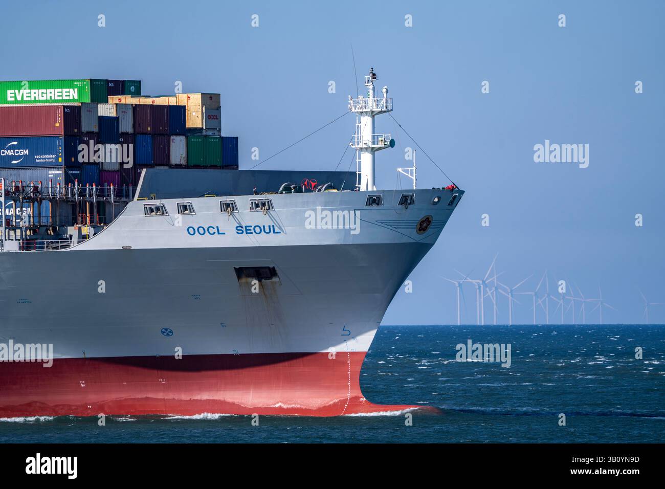 Hollandse Kust Zuid offshore wind farm, North Sea, container ship OOCL ...