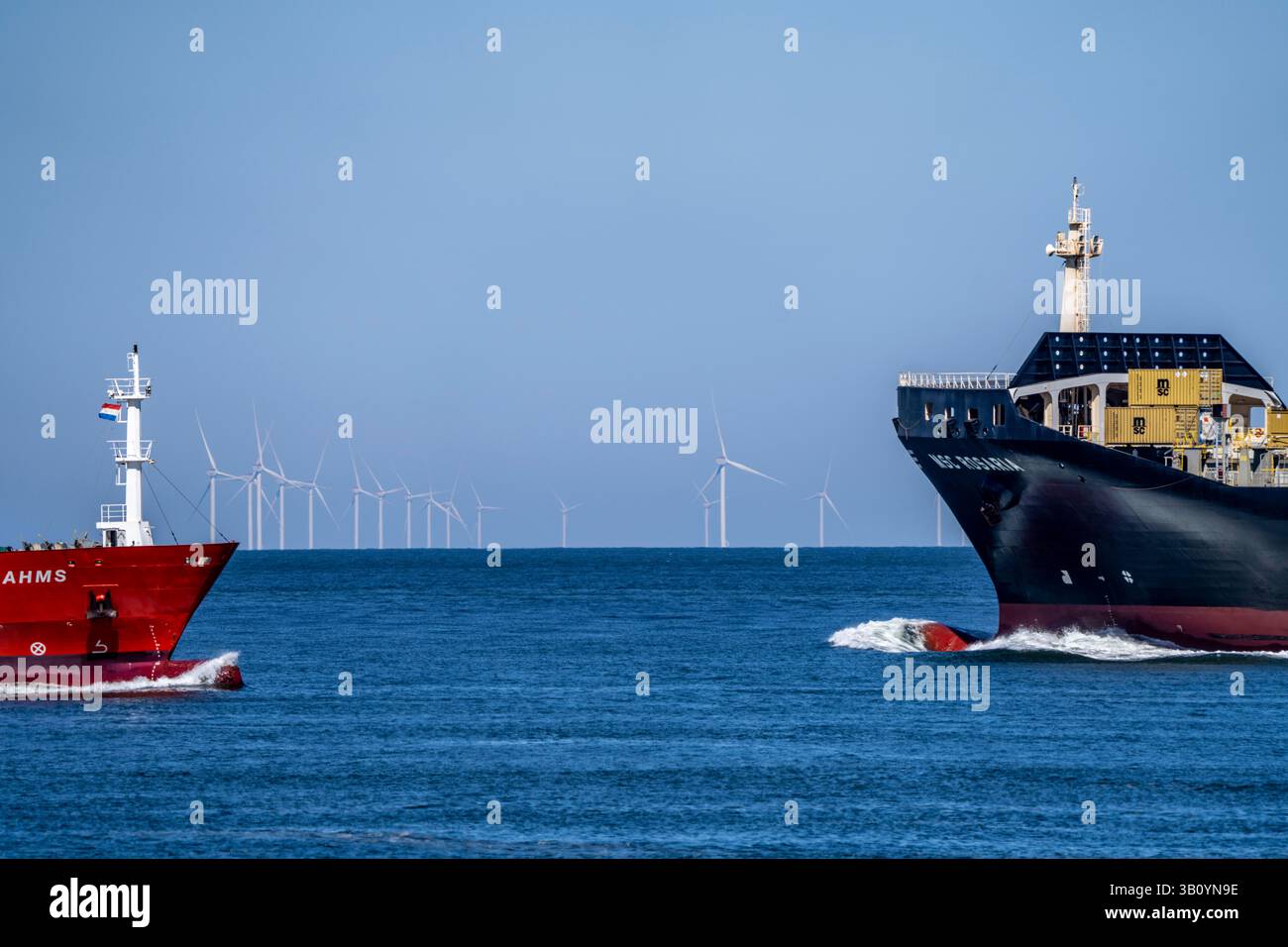 Hollandse Kust Zuid offshore wind farm, North Sea, freighter Brahms ...
