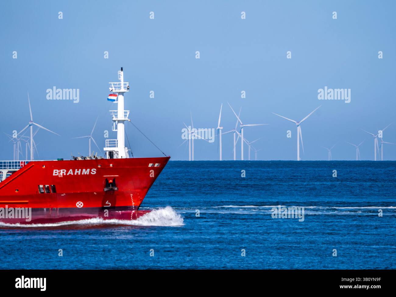 Hollandse Kust Zuid offshore wind farm, North Sea, Freighter Brahms ...