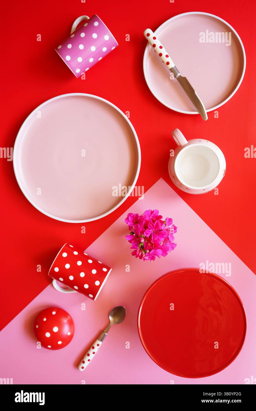 Pop art food, color blocking aesthetic table setting in modern pink and ...