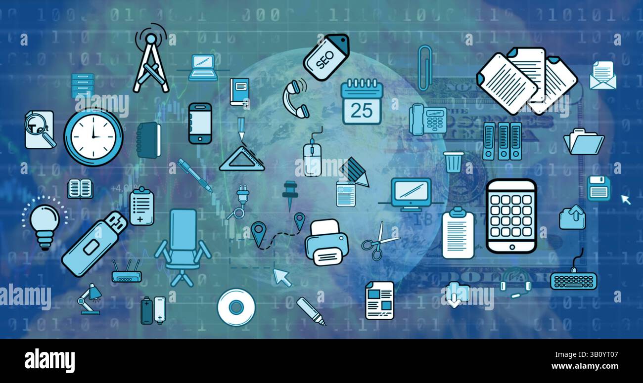 Image of icons and dollar banknote over data processing and globe on ...