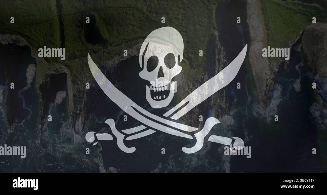 Image of pirate's flag waving over coast and sea Stock Photo - Alamy