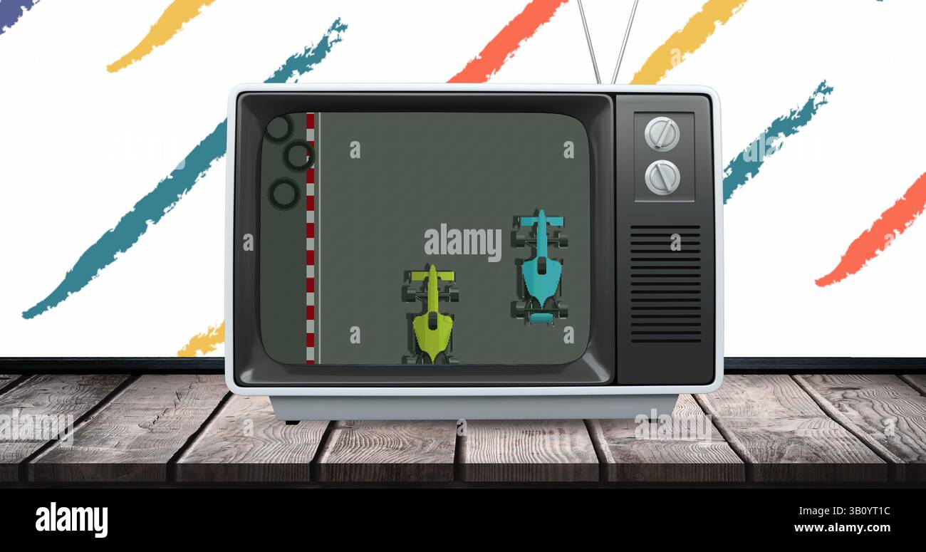 Image of tv screen with car race image game Stock Photo - Alamy