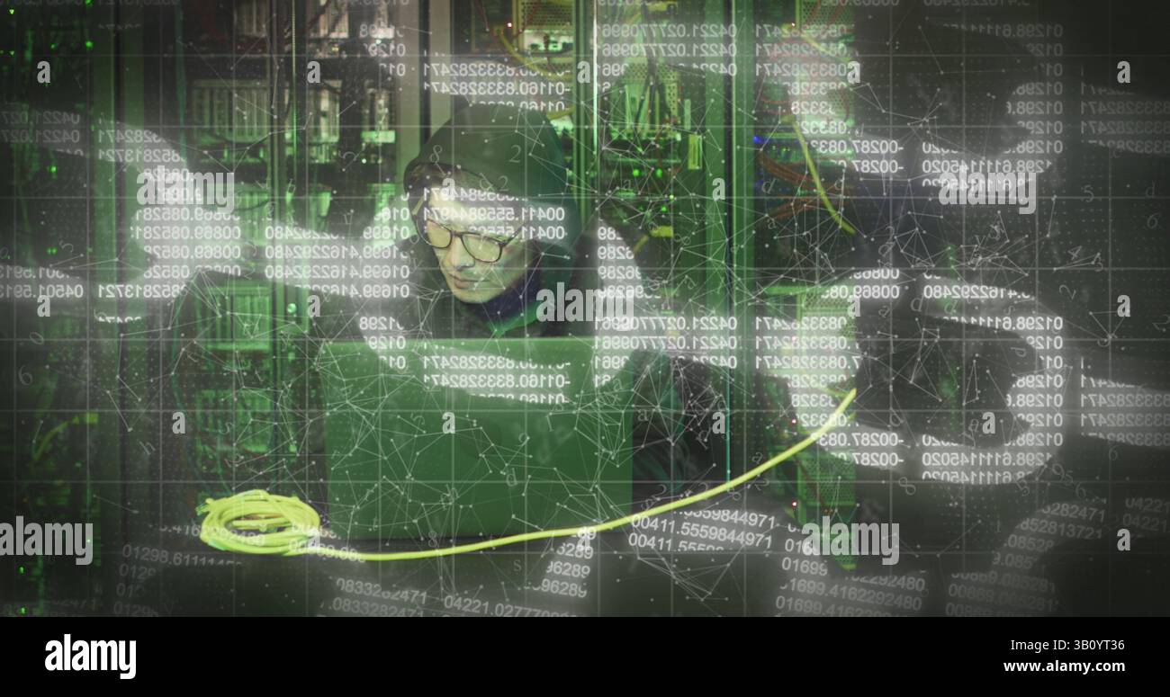Image of nft text over asian male hacker in server room Stock Photo - Alamy