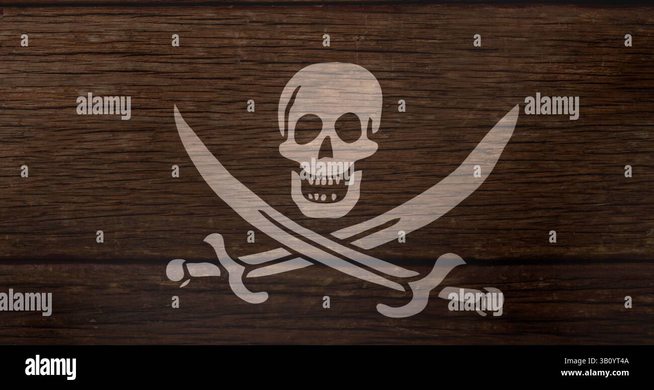 Image of pirate's flag waving over wooden surface. Globe and maps ...
