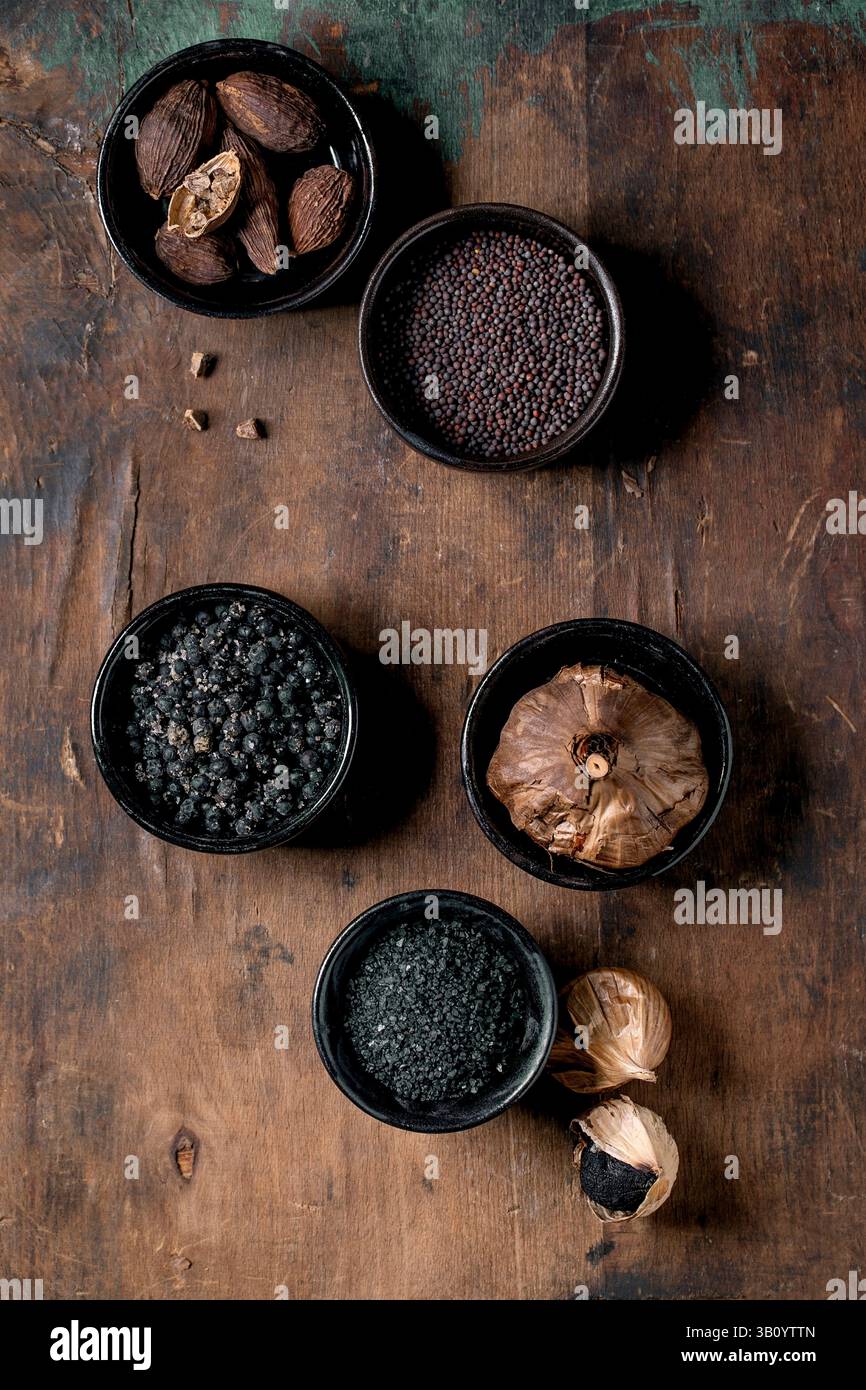 Set of five black spices: black fermented garlic, black Himalayan salt ...