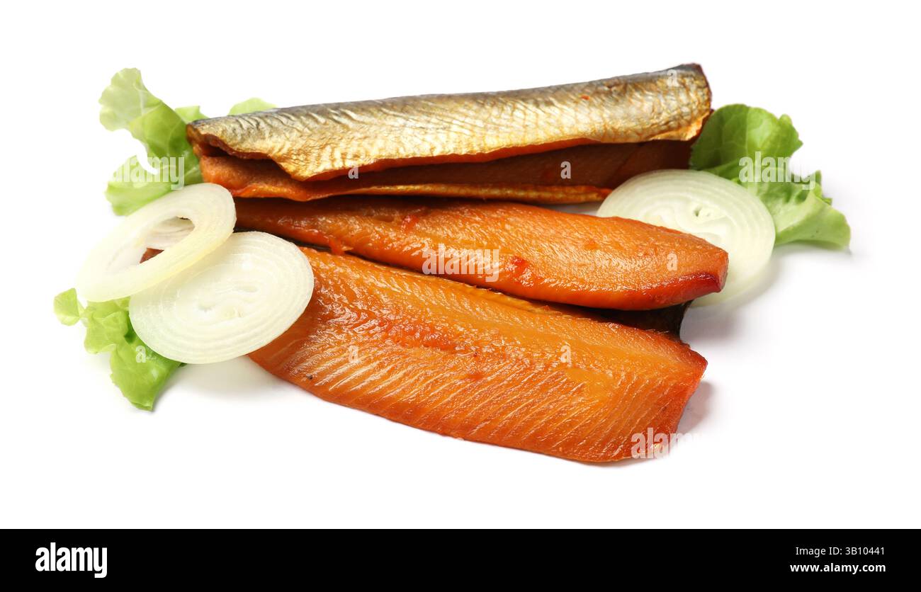 Delicious smoked herring fillets with onions and lettuce isolated on ...