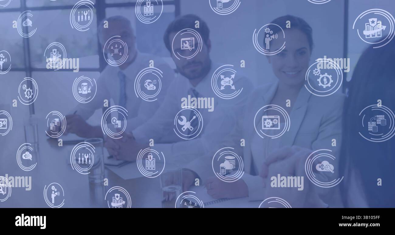 Multiple digital icons against group of diverse office colleagues in ...