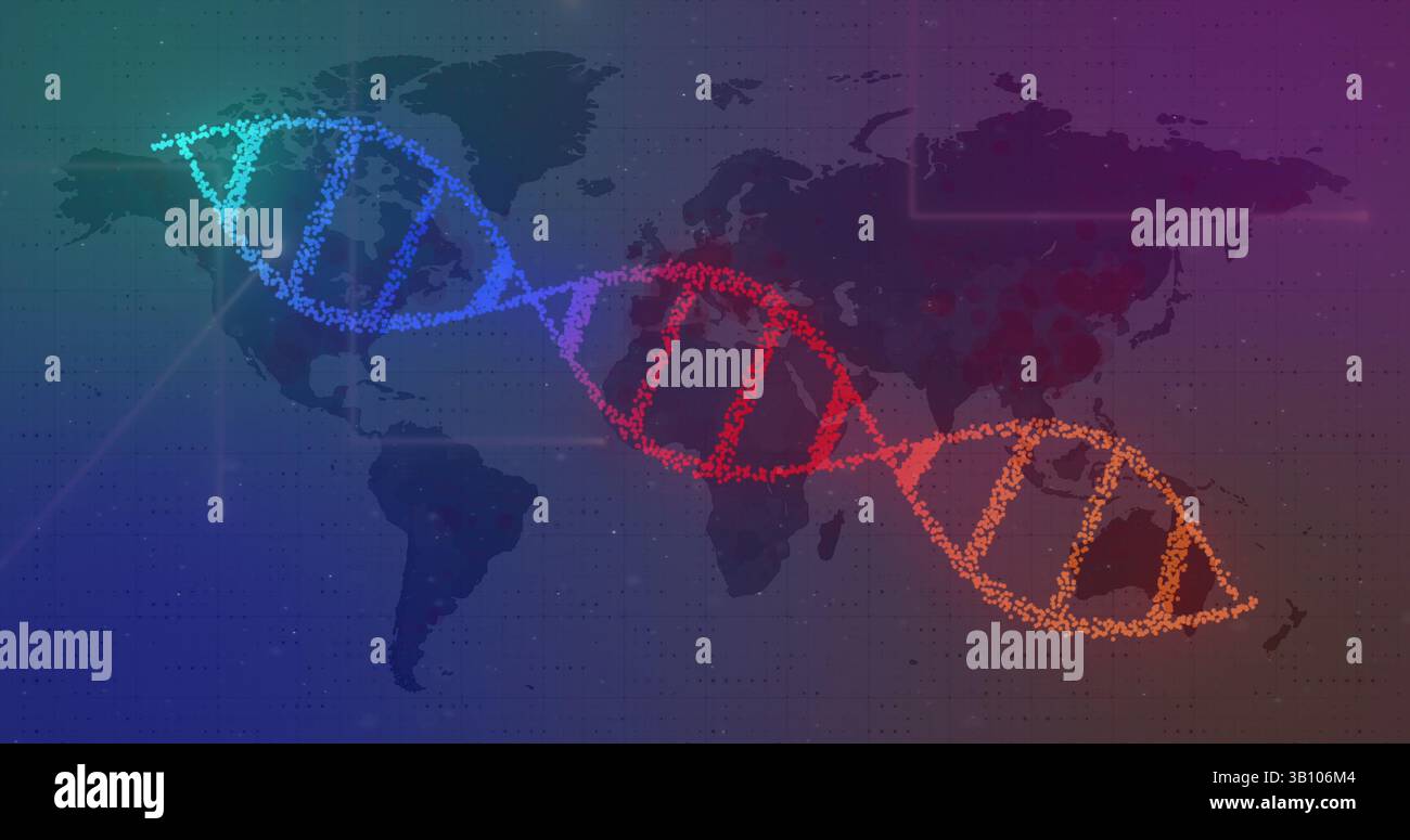 Image of dna strand spinning and glowing lines over world map Stock ...