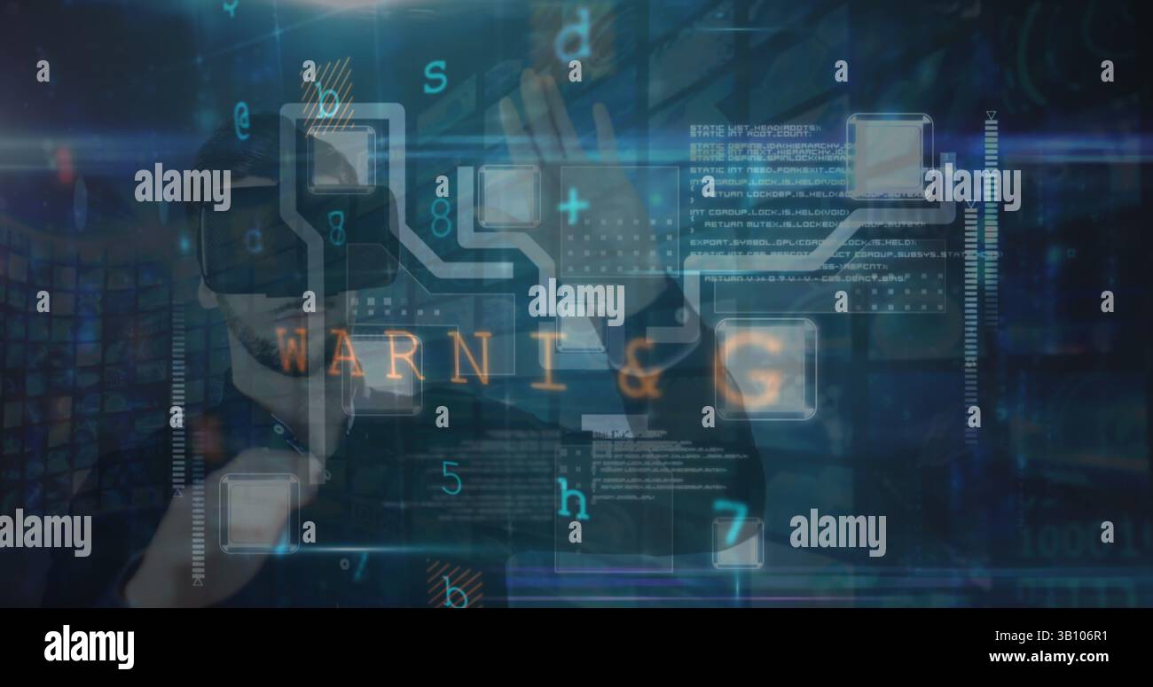 Cyber security data processing against caucasian man wearing vr headset ...