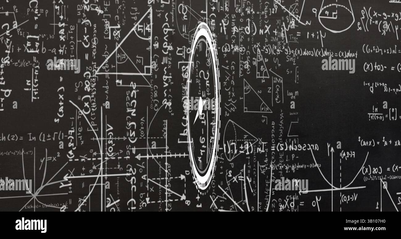 Image of clock moving over math formulas on black background Stock ...