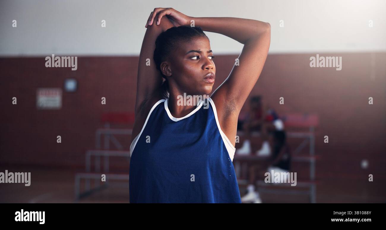 Black woman, basketball or stretching with arms for game, match or ...