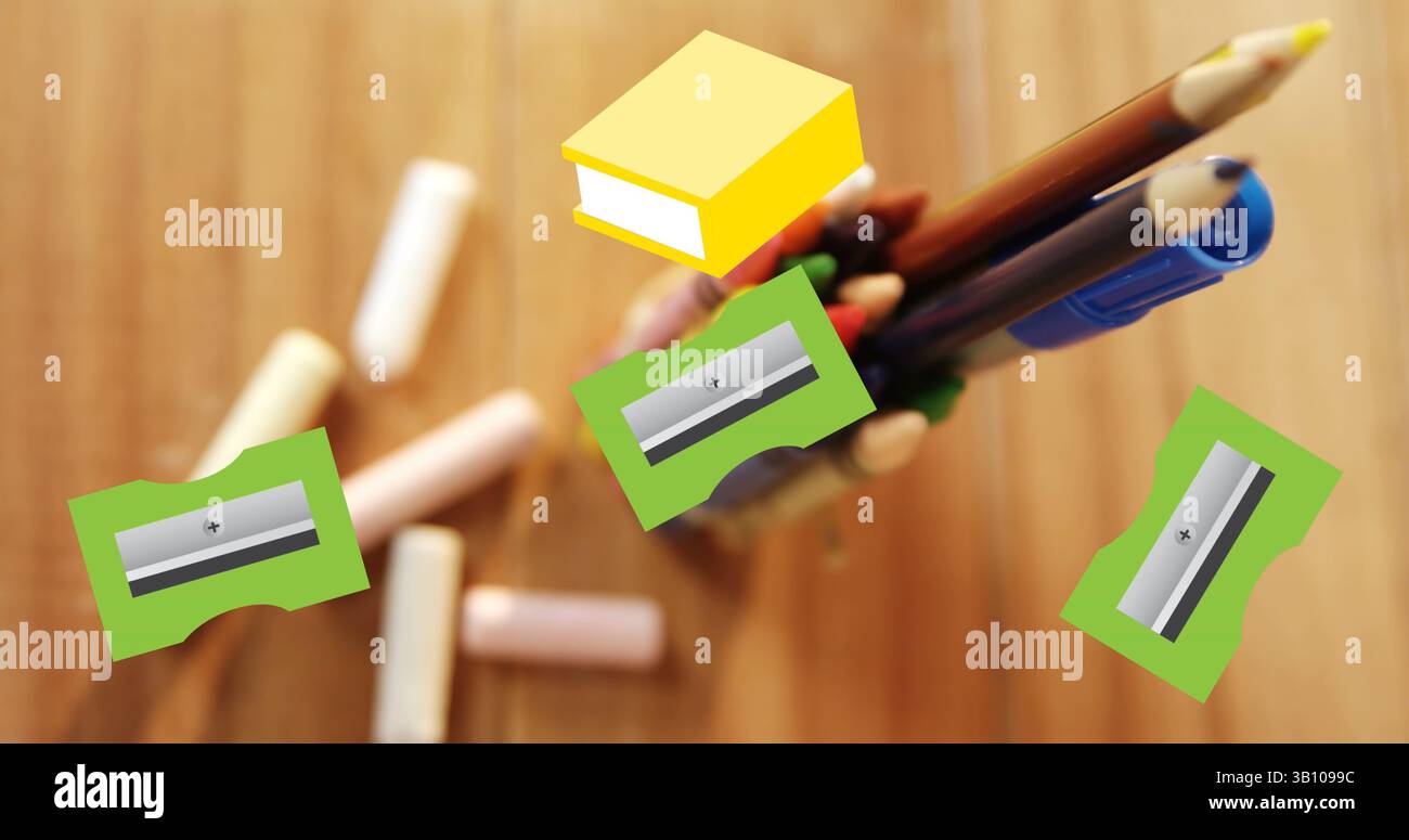 Image of yellow schoolbooks and green pencil sharpeners moving over ...