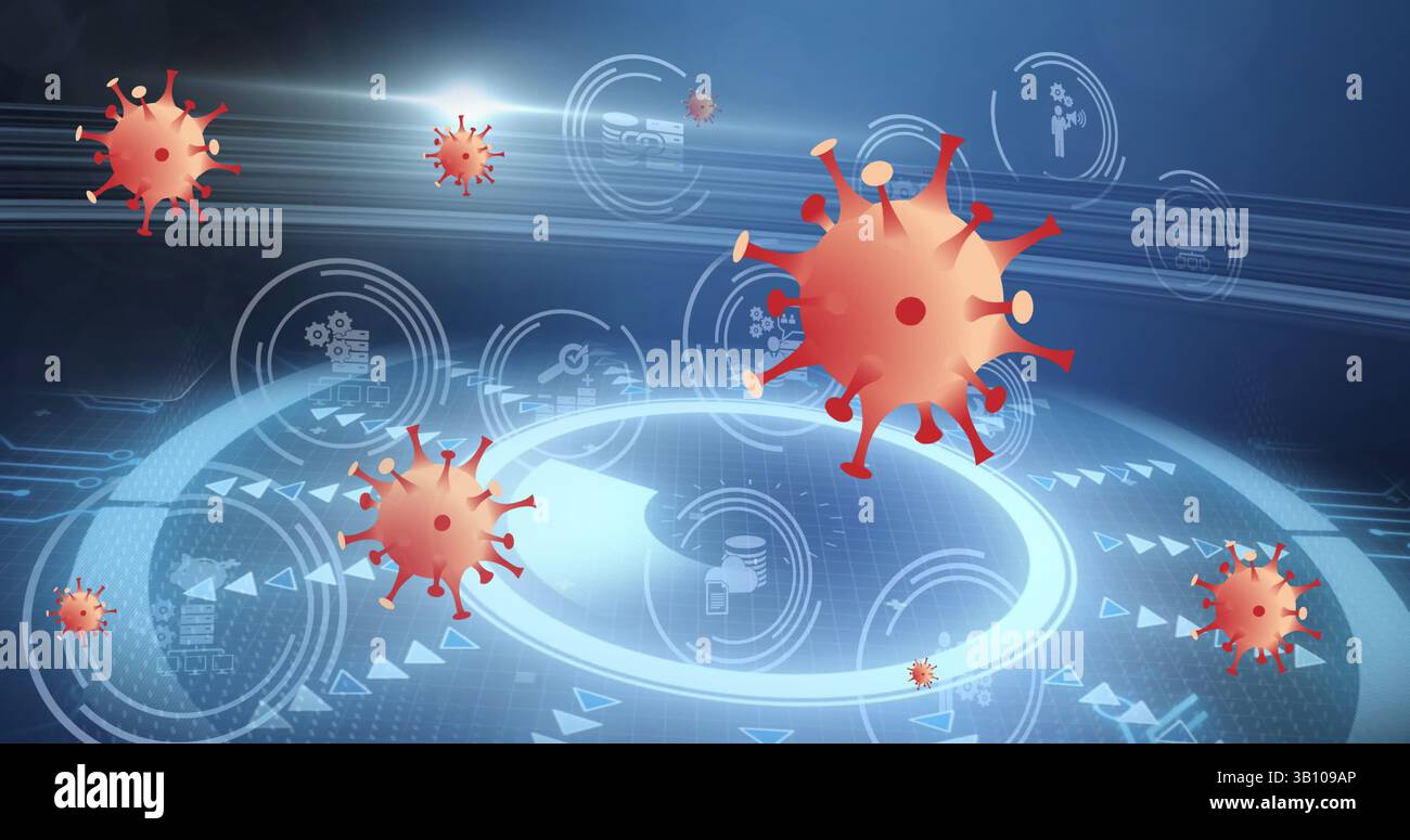 Floating red‑orange coronavirus particle drifting on digital UI with UI ...