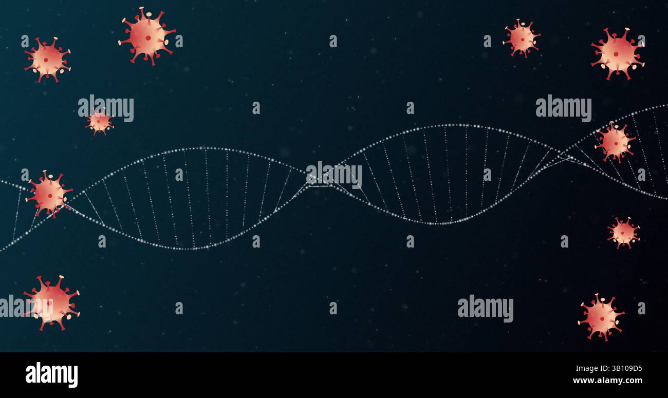 Displaying white dotted DNA double helix stretching across digital ...