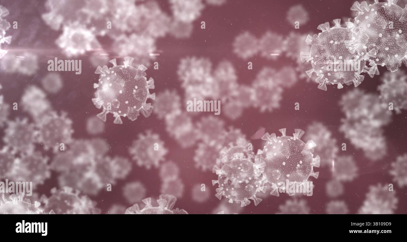 Floating translucent virus particle showing spike proteins in simulated fluid, with blurred ...
