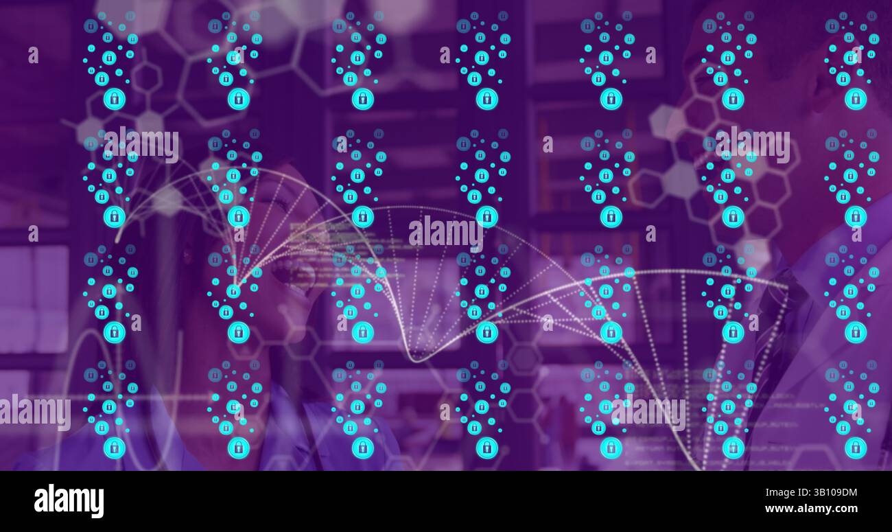 Image of dots and dna over happy african american female and male ...
