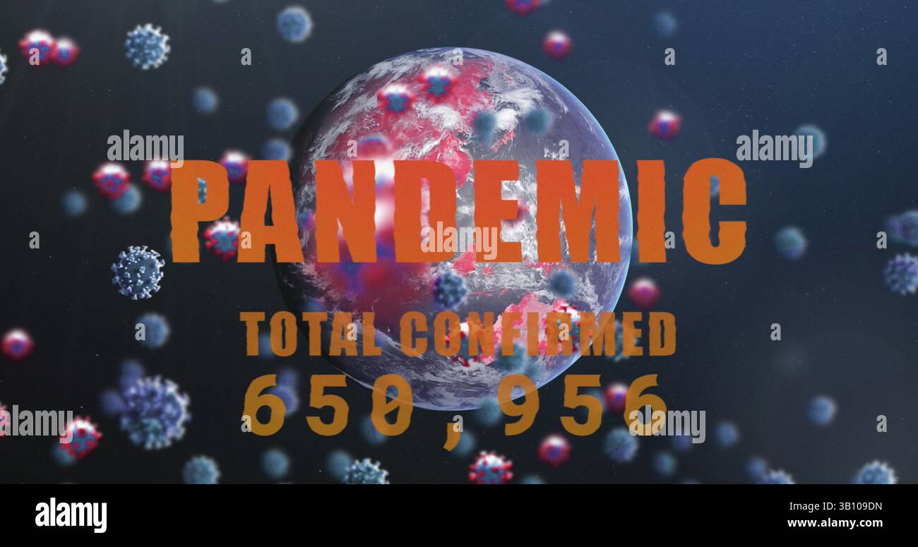 Displaying 3D Earth globe rotating in dark space, with floating virus ...