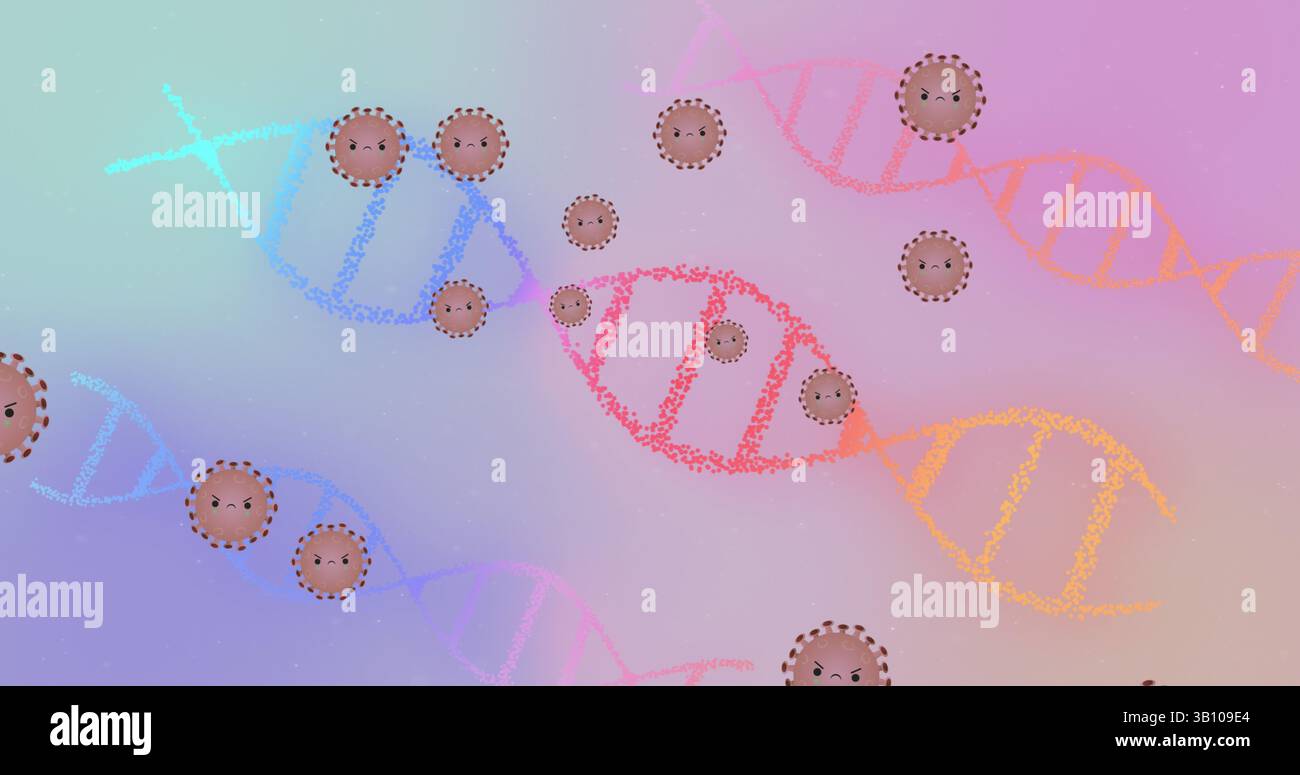 Floating stylized DNA helices drifting in abstract digital illustration ...