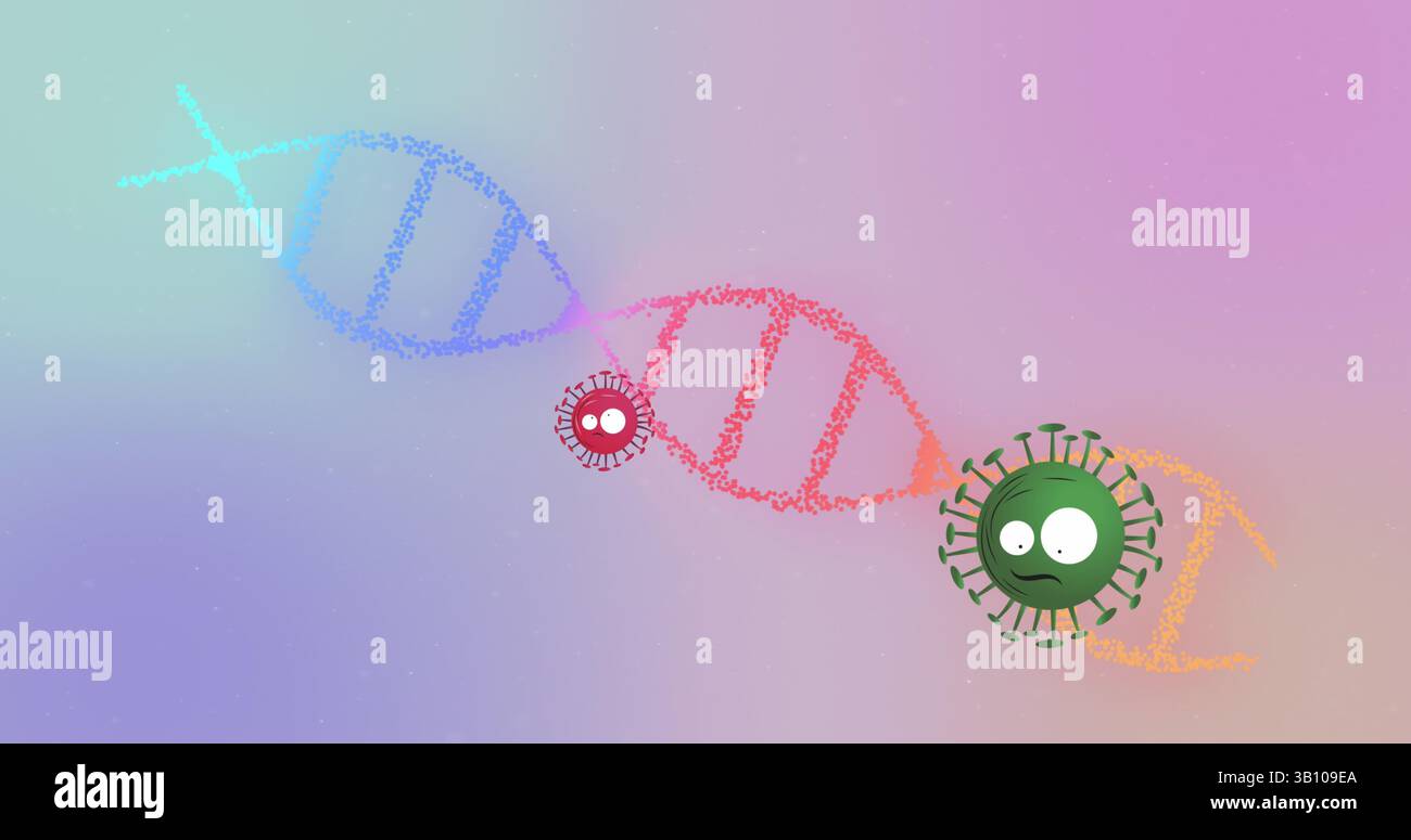 Displaying dot-based DNA helix floating in pastel backdrop, with red ...