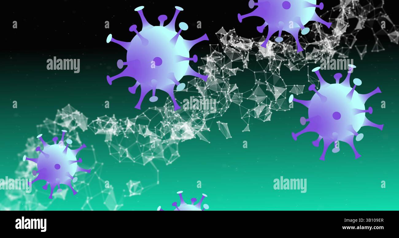 Floating purple-blue virus-like particles drifting over green backdrop ...