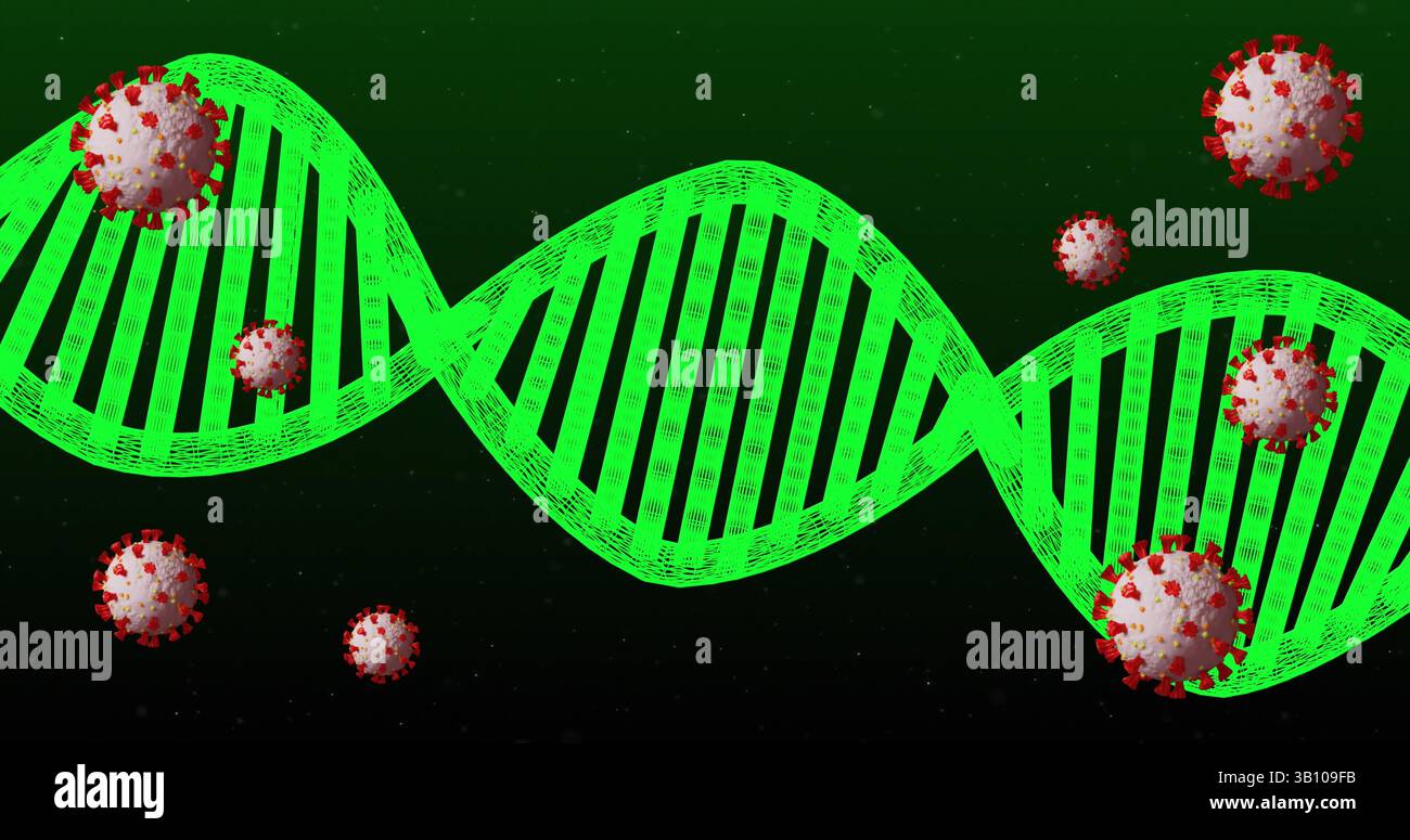 Twisting green wireframe DNA double helix moving across digital lab scene, with virus particles ...