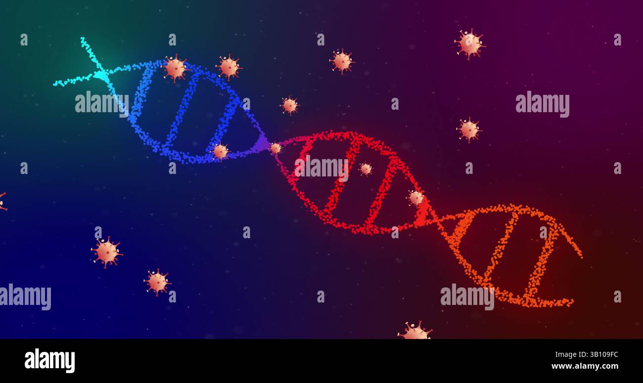 Flowing DNA double helix shifting colors in digital art space, with ...