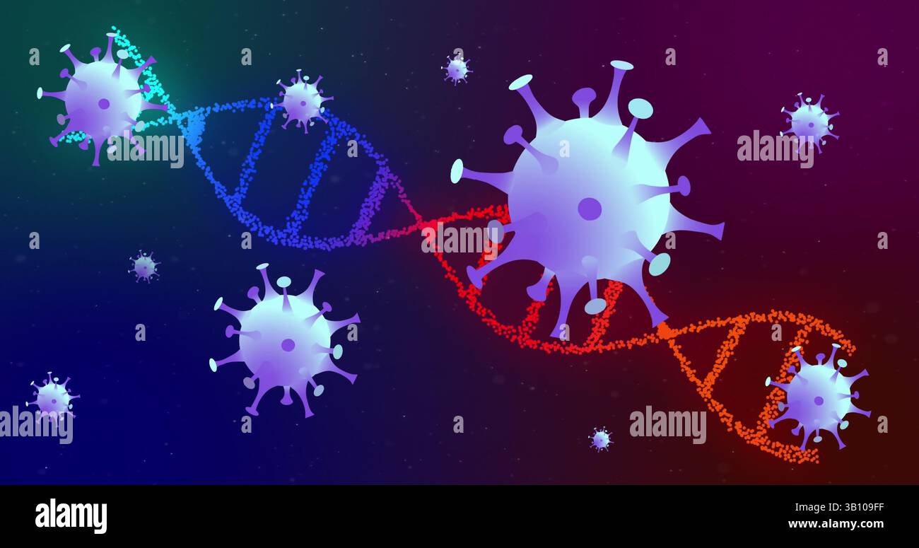 Floating purple virus-like particles drifting around colored DNA helix ...