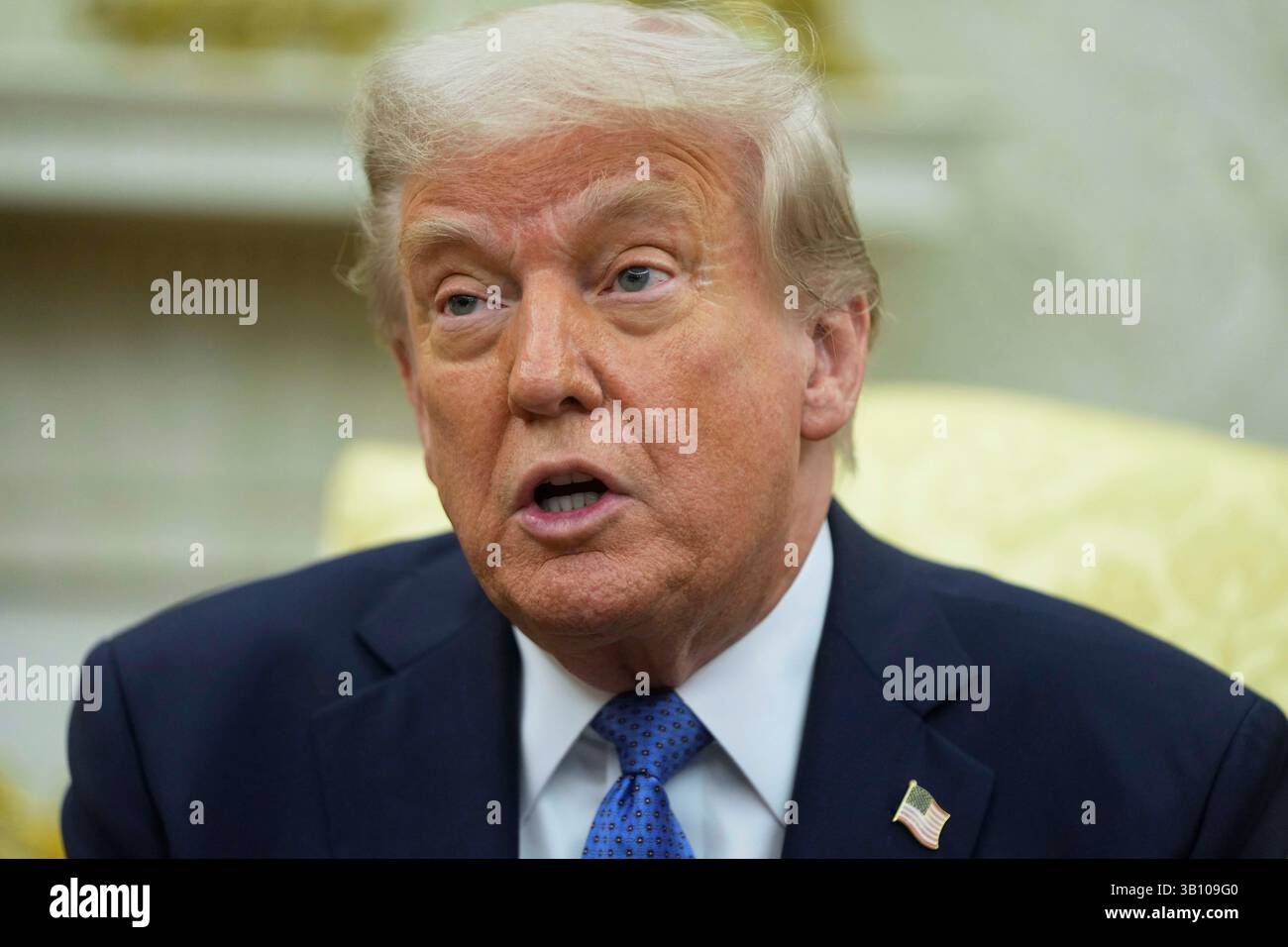 President Donald Trump speaks during a meeting with Norwegian Prime ...