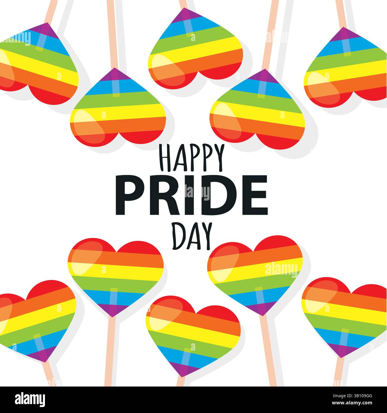 Multiple heart-shaped rainbow flags arranged around pride day text ...