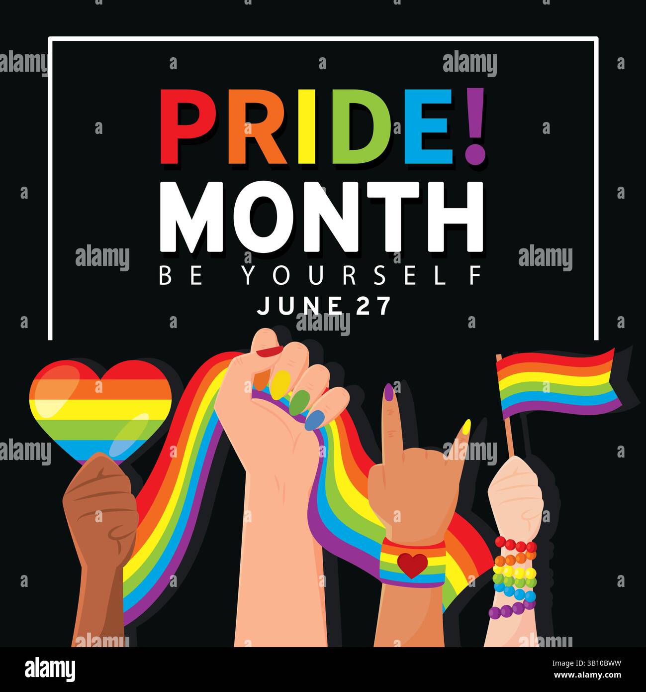 Various hands with rainbow symbols celebrating pride month in unity ...