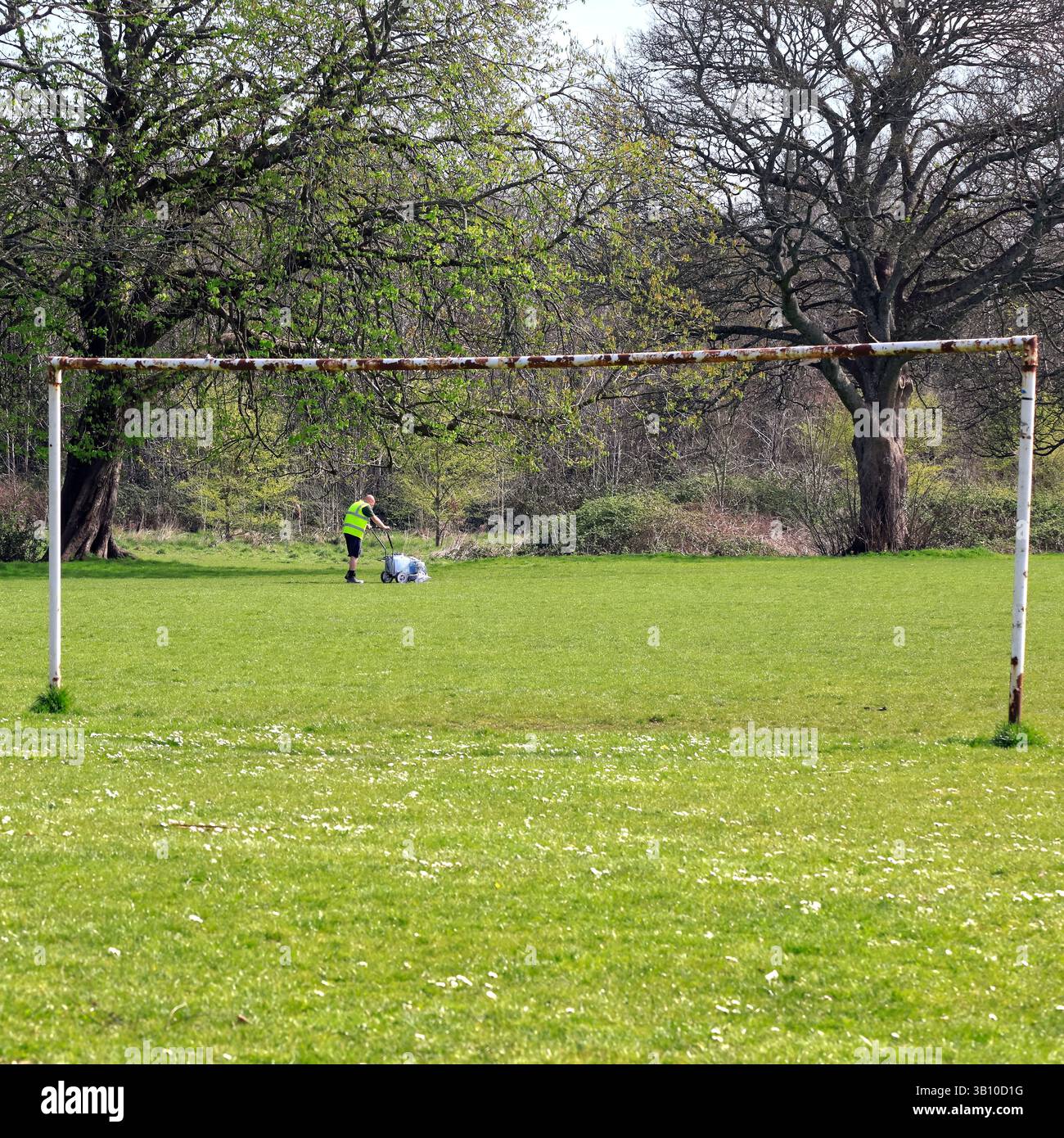 Man marking football pitch with white line painter, Llandaff Fields ...