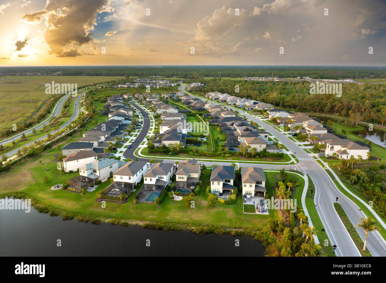 American gated community houses in rural US suburbs. View from above of ...