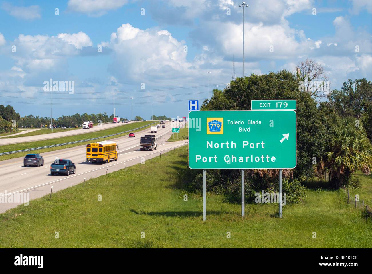 American interstate highway directional exit sign on fast motorway in ...
