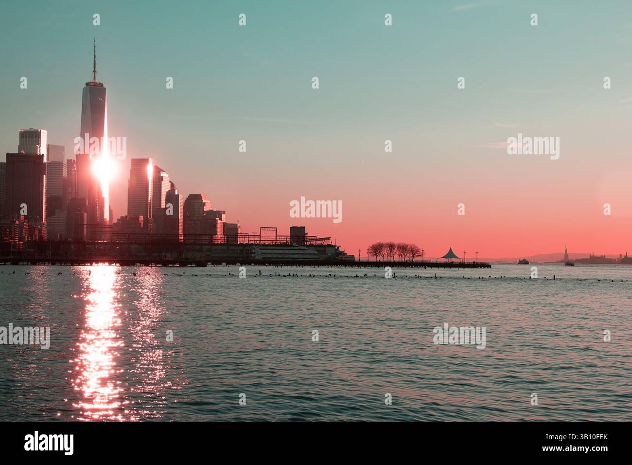Iconic NYC skyline from water view with towers Stock Photo - Alamy