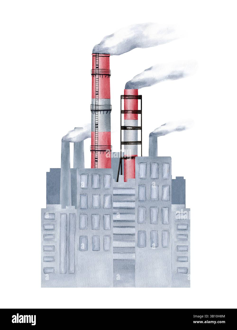 Smoke stacks against the backdrop of grey multi-storey buildings, toxic ...