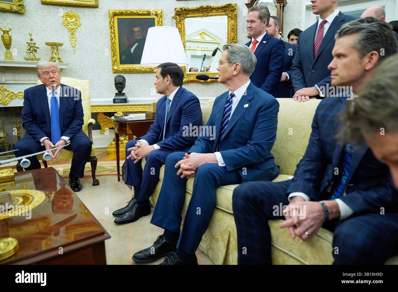 President Donald Trump speaks during a bilateral meeting in the Oval ...