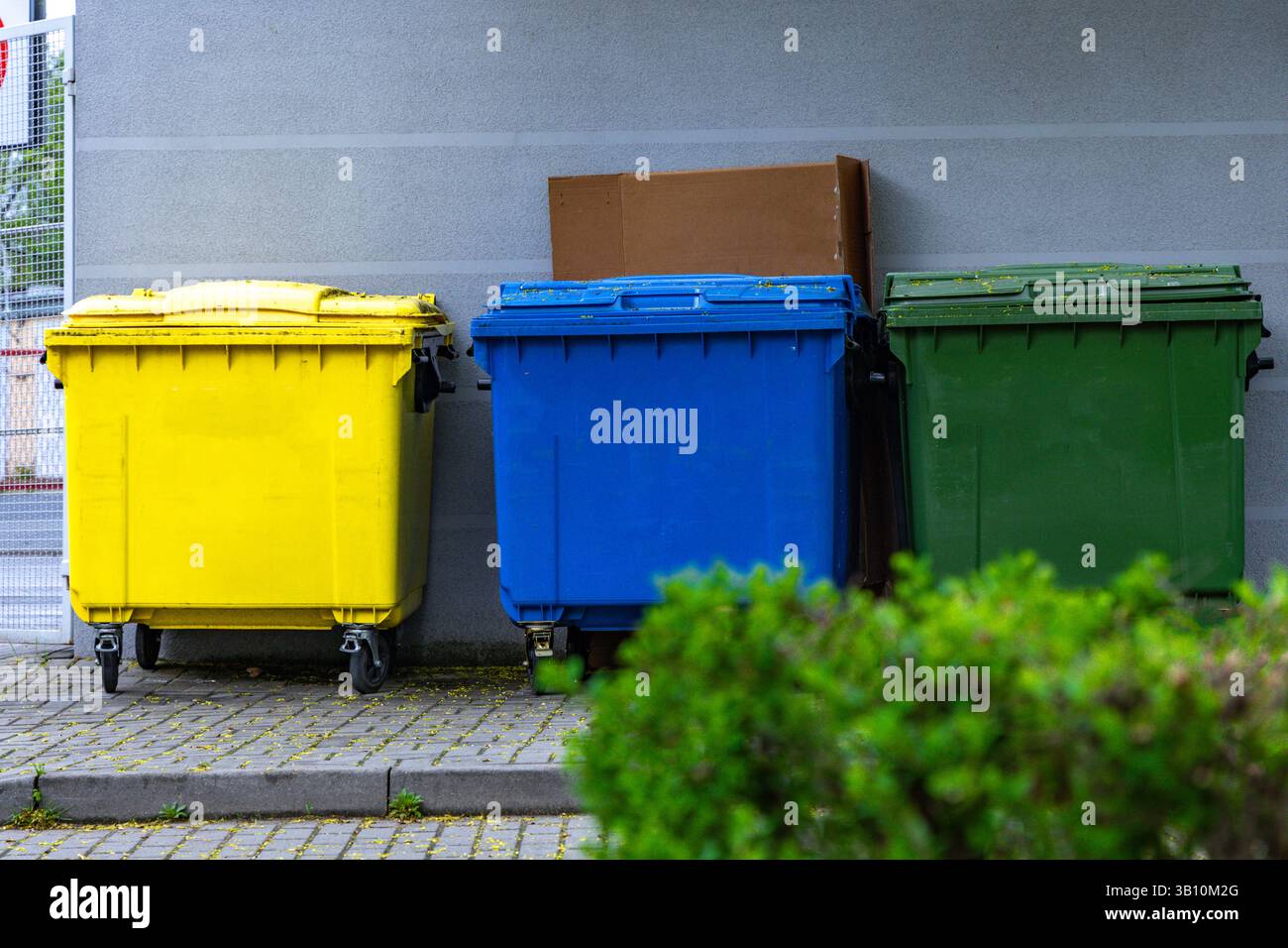 Colored garbage cans, waste segregation, paper, glass, bio-waste Stock ...