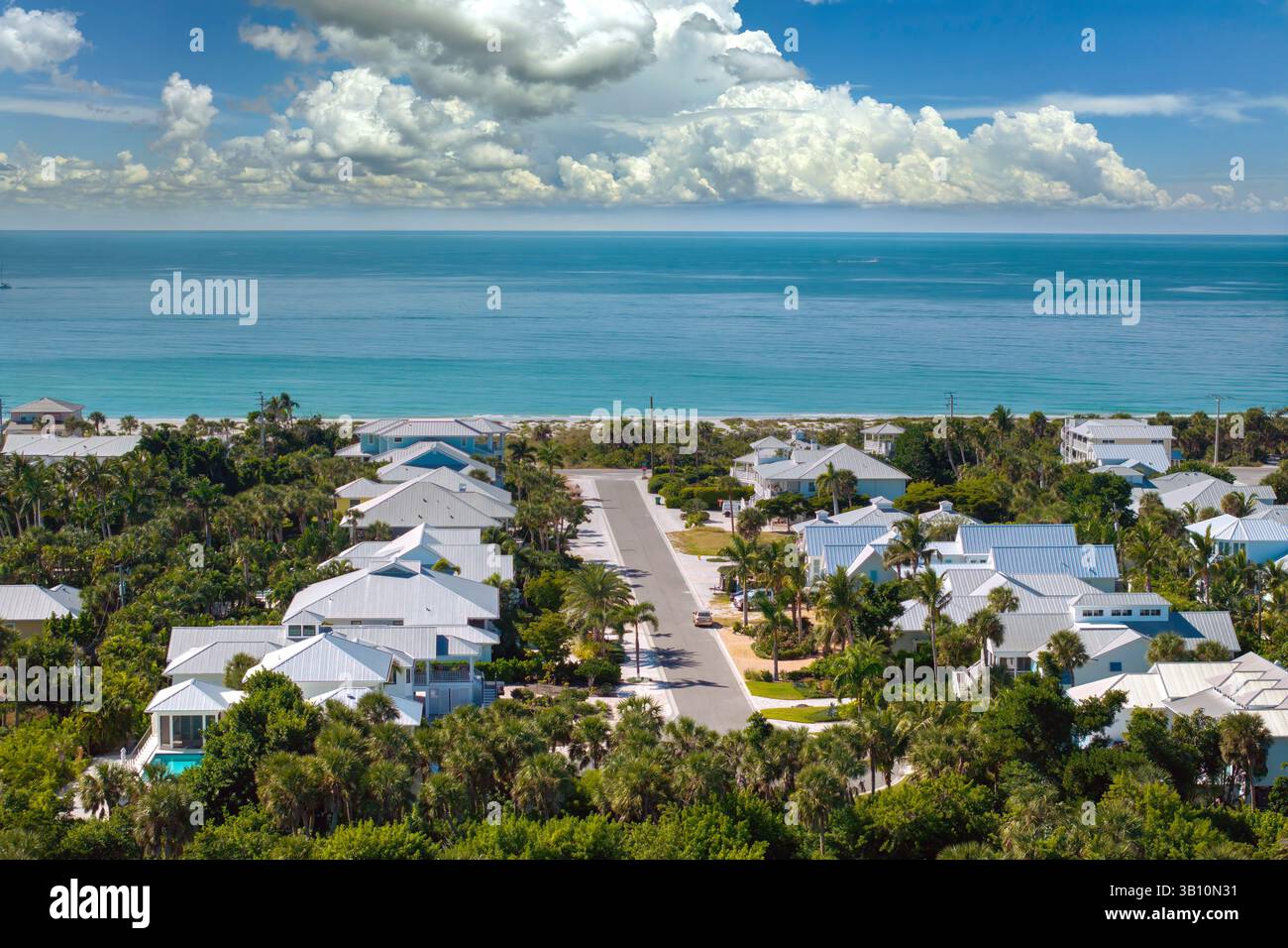 Expensive waterfront houses between green palm trees in Boca Grande ...