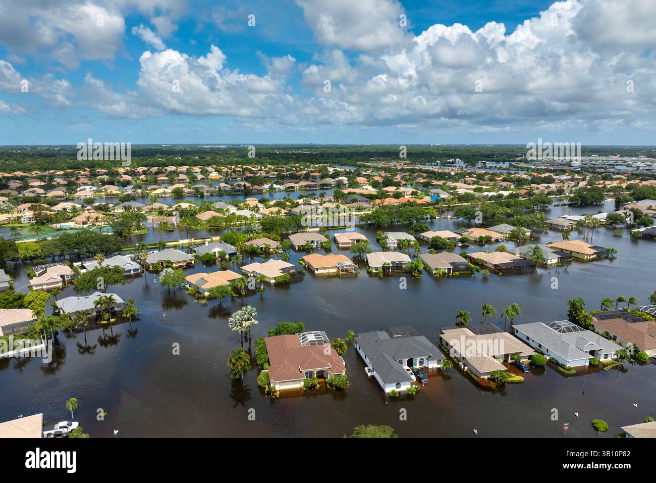 Flooded residential area with underwater houses from hurricane rainfall ...