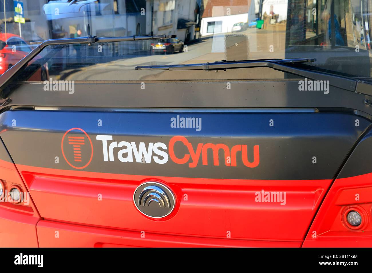 Traws Cymru logo on front of aTraws Cymru single decker red bus at ...