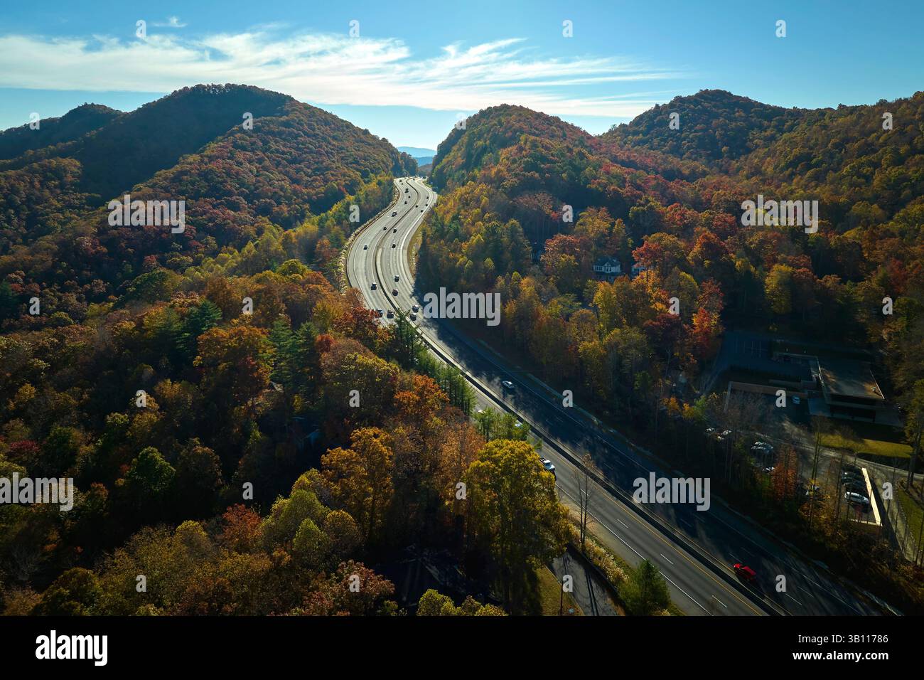 View from above of I-40 freeway route in North Carolina leading to ...