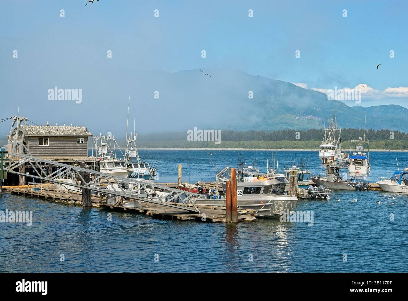 Northwest Pacific commercial fish pier with fog rolling into cove on ...