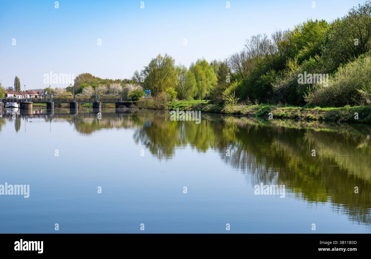 Boats and houses reflecting in the water of the river Lys or Leie in ...