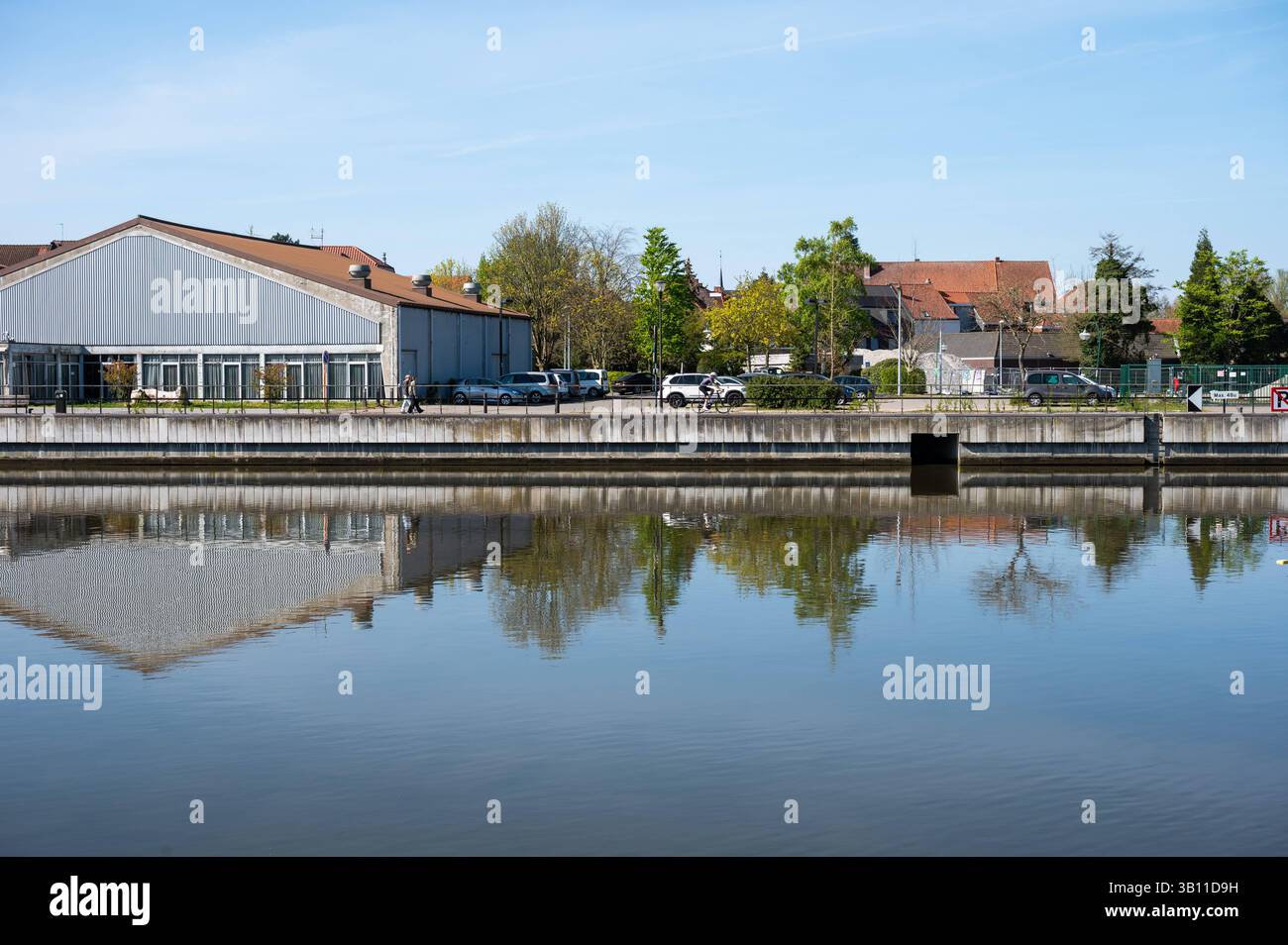 Sports hall and parking lot at the river Lys or Leie in Wervicq-Sud, DÃ ...
