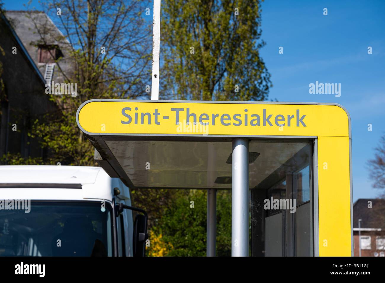 Sign of the Saint Therese church De Lijn bus stop in the village of ...
