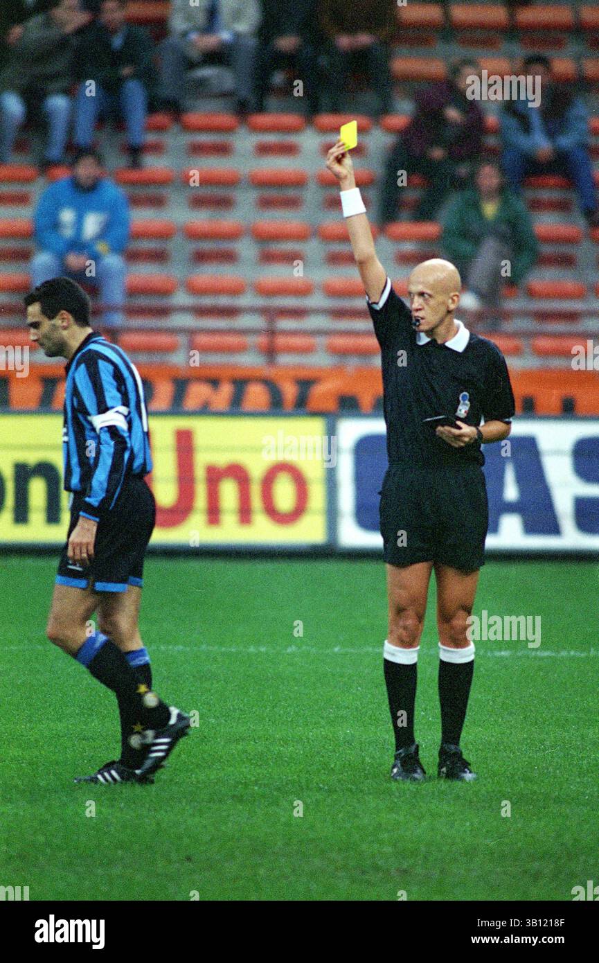 Milan Italy, 1995, Referee Pierluigi Collina gives the footballer ...