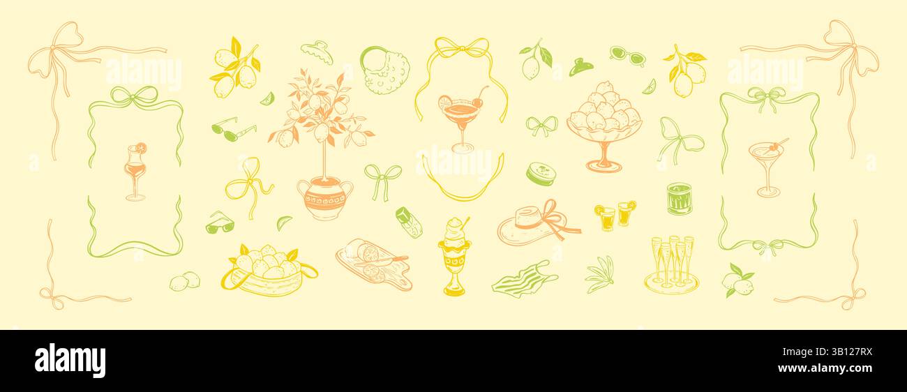 Coquette style girly Italian beach vacations hand drawn doodle design ...