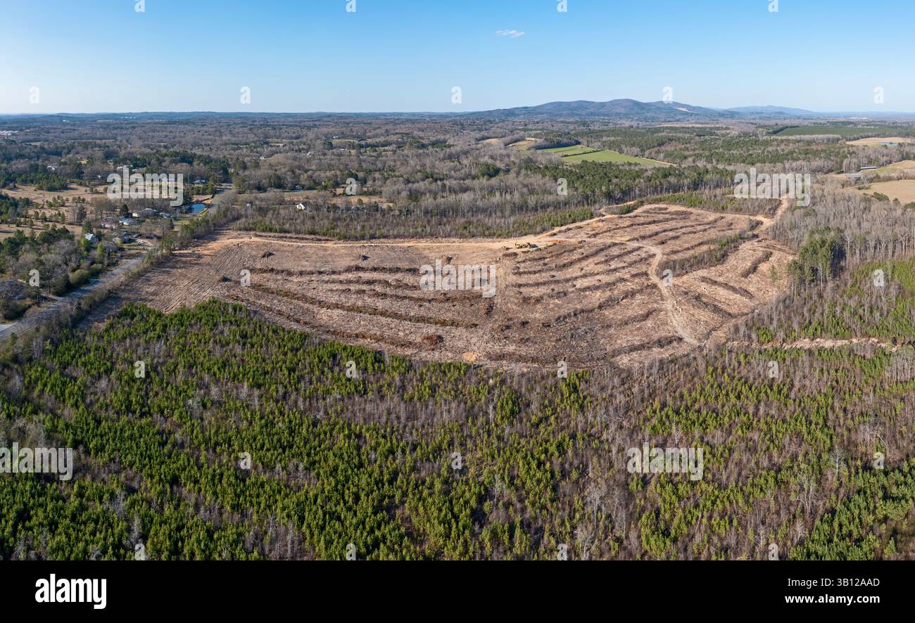 Munford, Alabama - An aerial view of a logging clear-cut. Two-thirds of ...