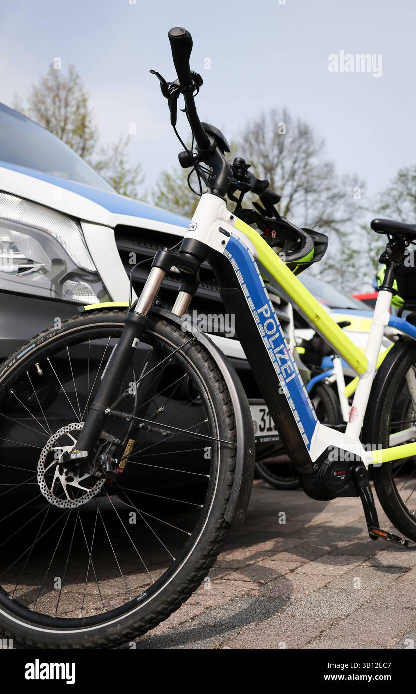 Kiel, Germany. 23rd Apr, 2025. A police electric bicycle is parked in ...